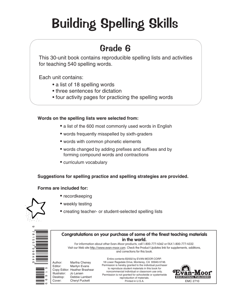 Grade 6 Spelling Skills Workbook: Lists & Activities