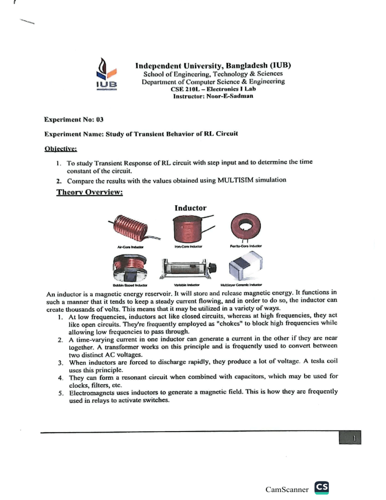 RL Circuit Transient Response Lab Experiment
