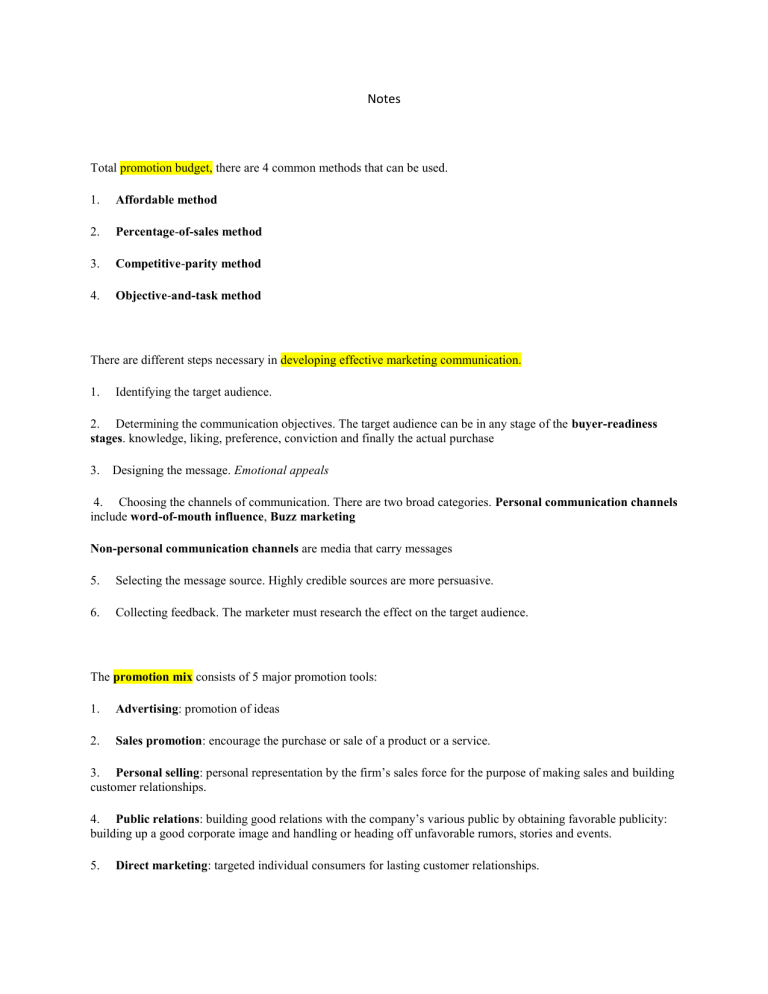 Marketing Notes: Promotion, Pricing, and Product Life Cycle