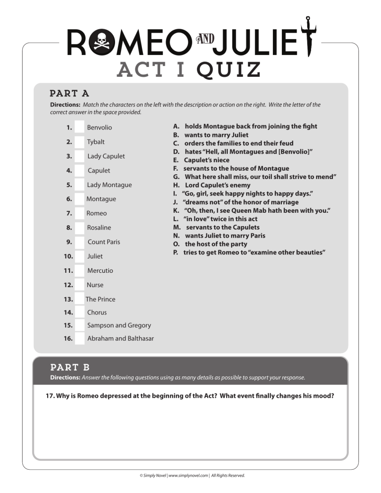 Romeo and Juliet Act I Quiz - Character & Plot Questions
