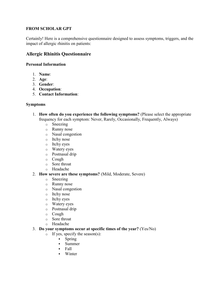 Allergic Rhinitis Questionnaire: Symptoms & Triggers