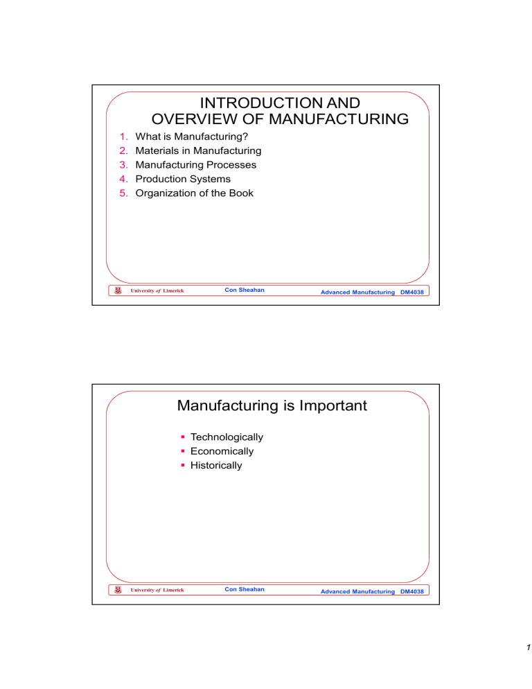 Manufacturing Overview: Introduction to Processes & Systems