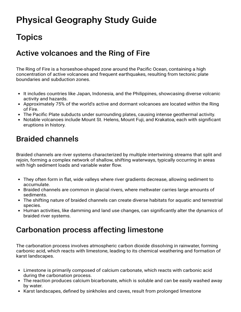 Physical Geography Study Guide: Volcanoes, Rivers, Weathering