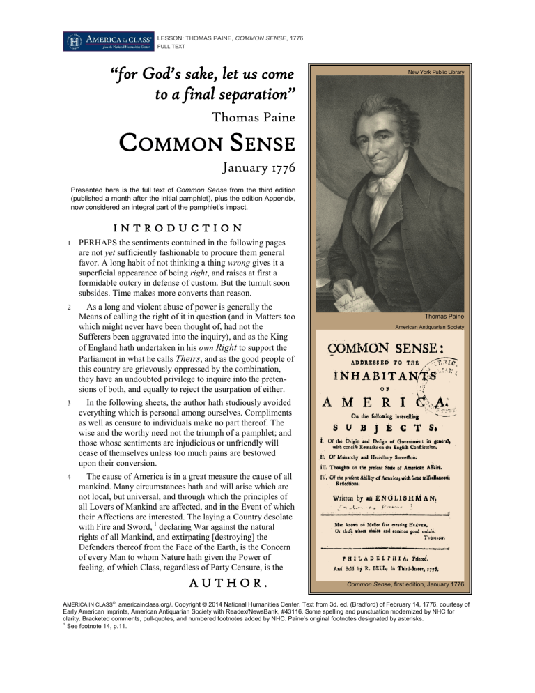 Thomas Paine's Common Sense: Full Text & Analysis