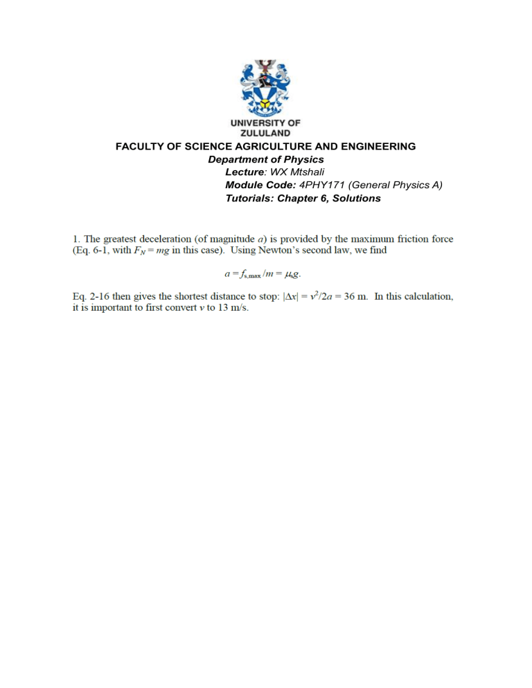 Physics Tutorial: Deceleration & Friction Solutions