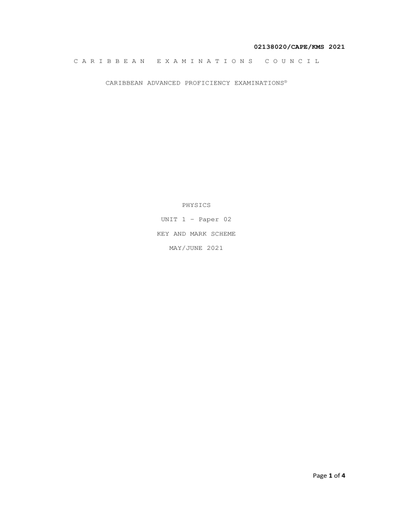 CAPE Physics Unit 1 Key and Mark Scheme - May/June 2021