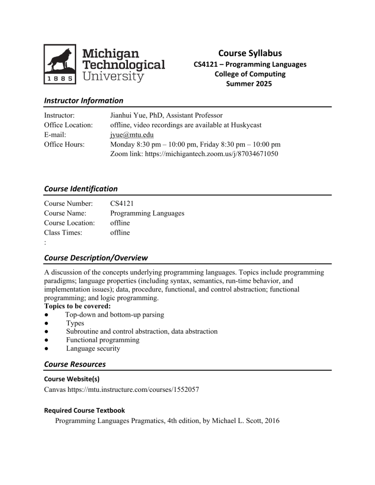 CS4121 Programming Languages Syllabus - Summer 2025