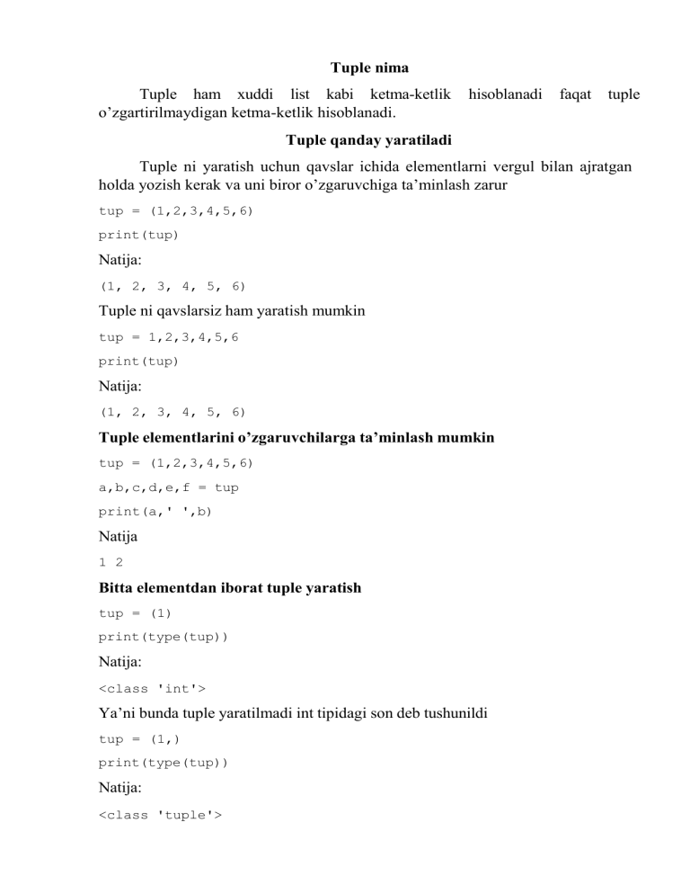 Python Tuple: Qo'llanma va Misollar