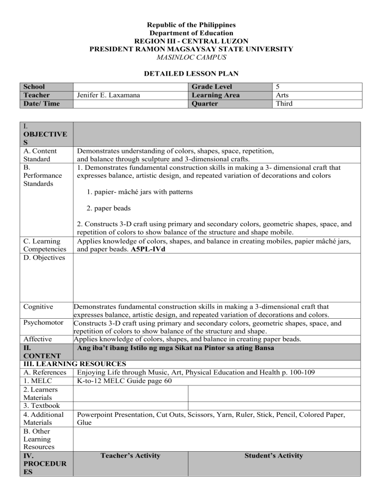 Arts Lesson Plan: 3D Crafts & Design (Grade 5)