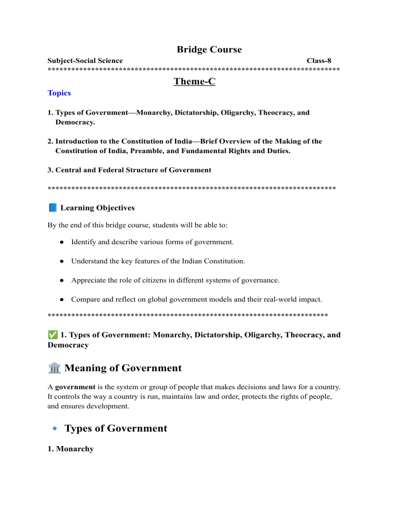 Class 8 Social Science: Types of Government & Indian Constitution