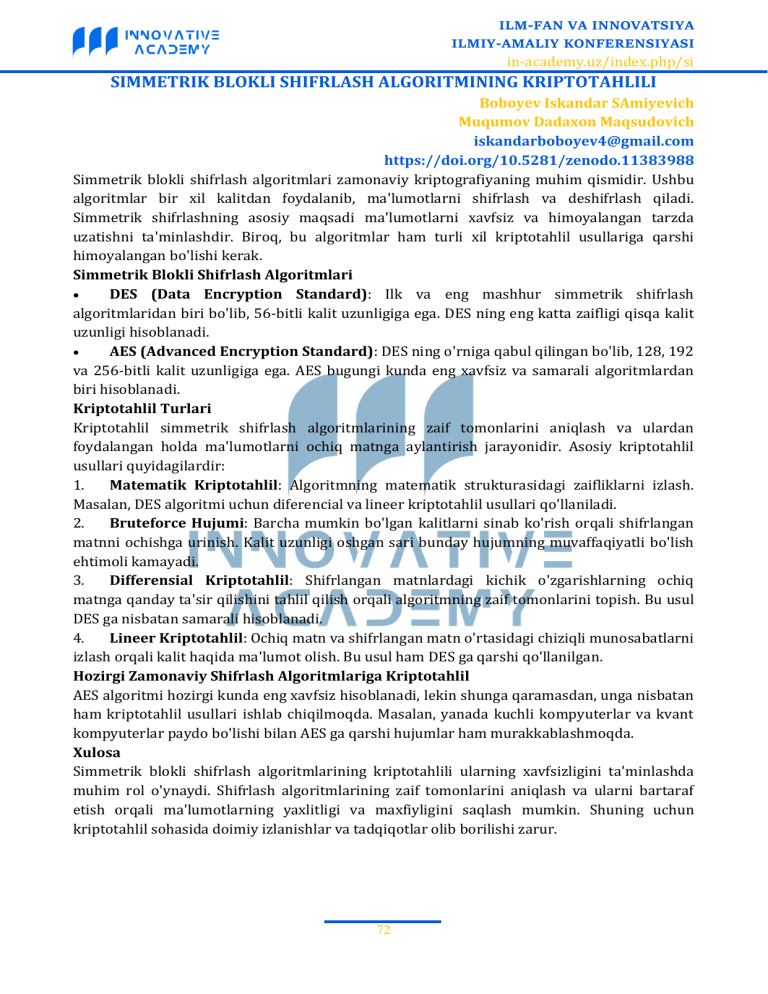 Simmetrik Blokli Shifrlash Kriptotahlili