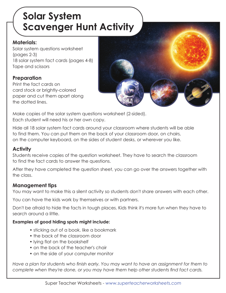 Solar System Scavenger Hunt Worksheet