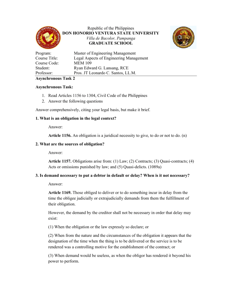 Legal Obligations & Contracts: Civil Code Task