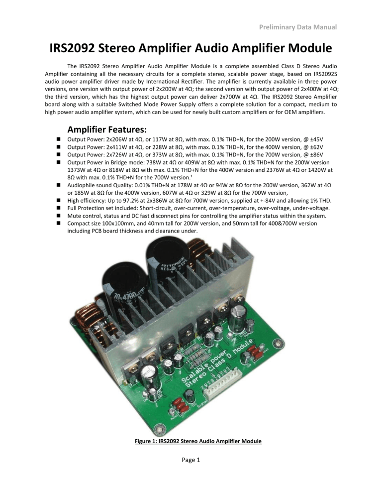 IRS2092 Stereo Amplifier Module Data Manual