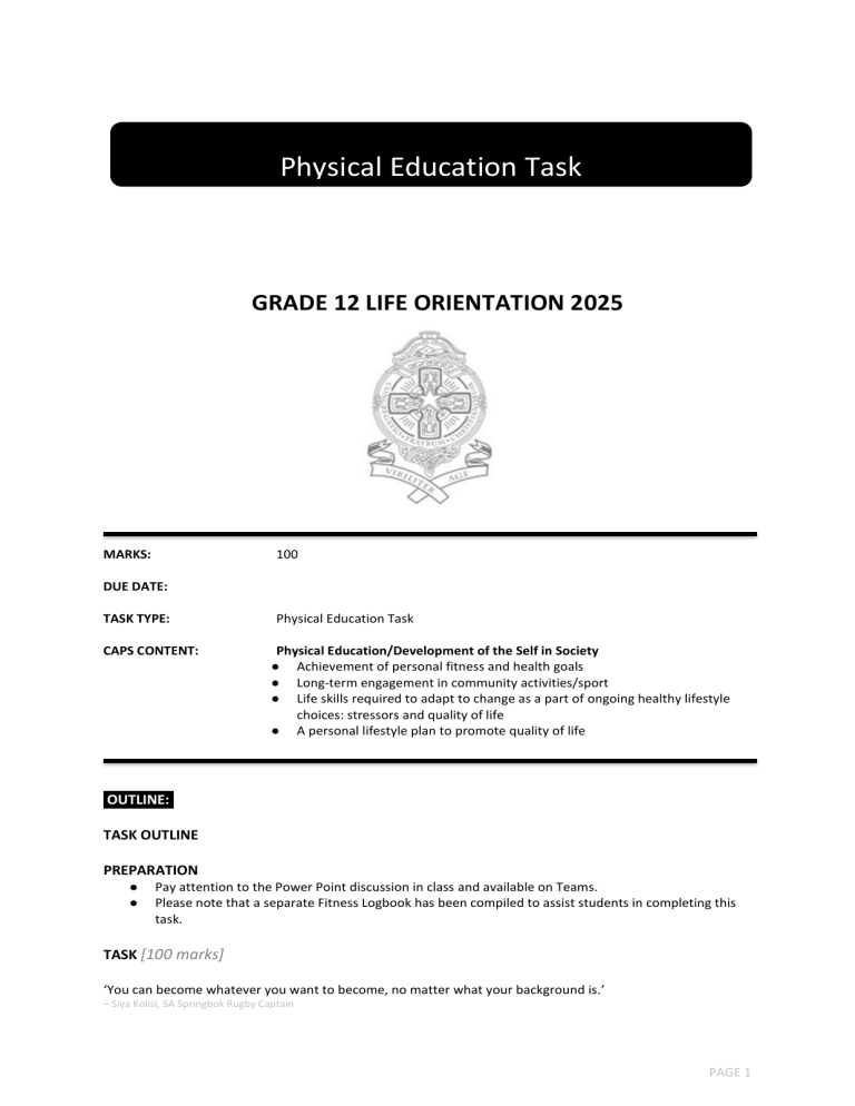 Grade 12 Physical Education Task: Fitness & Wellness