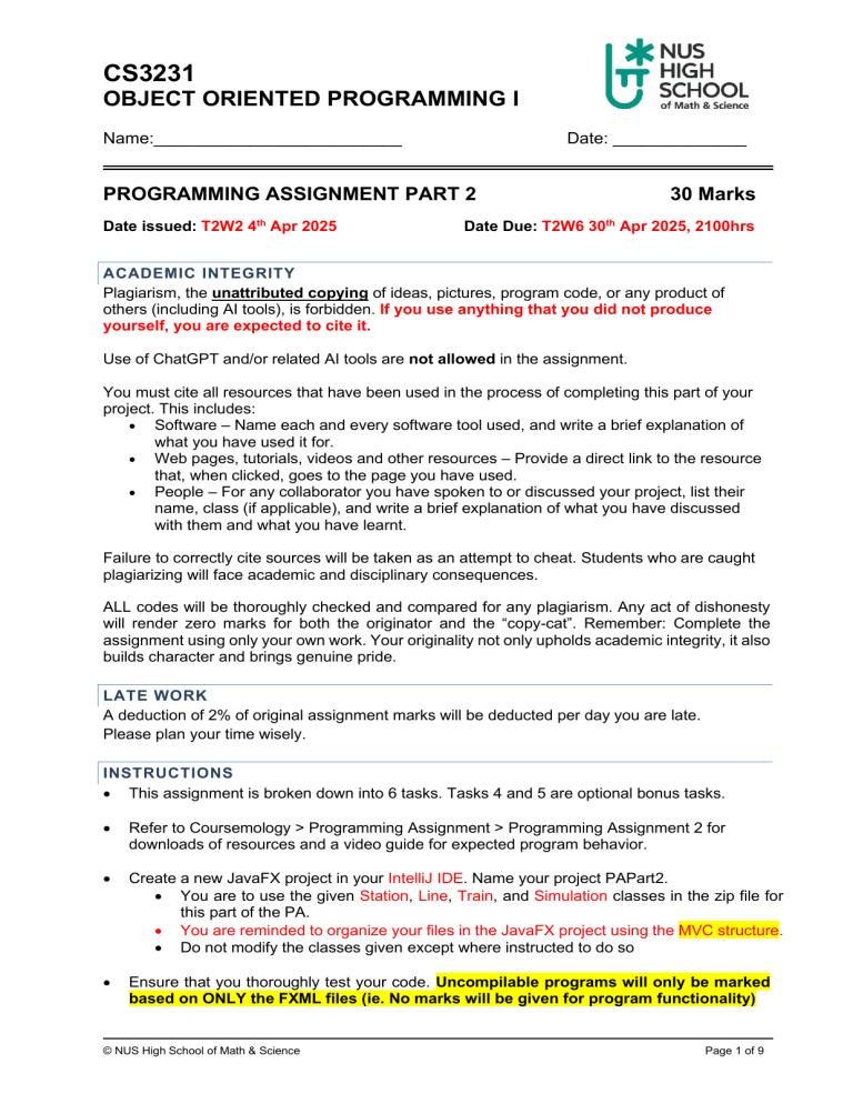 JavaFX Programming Assignment: Train Simulation