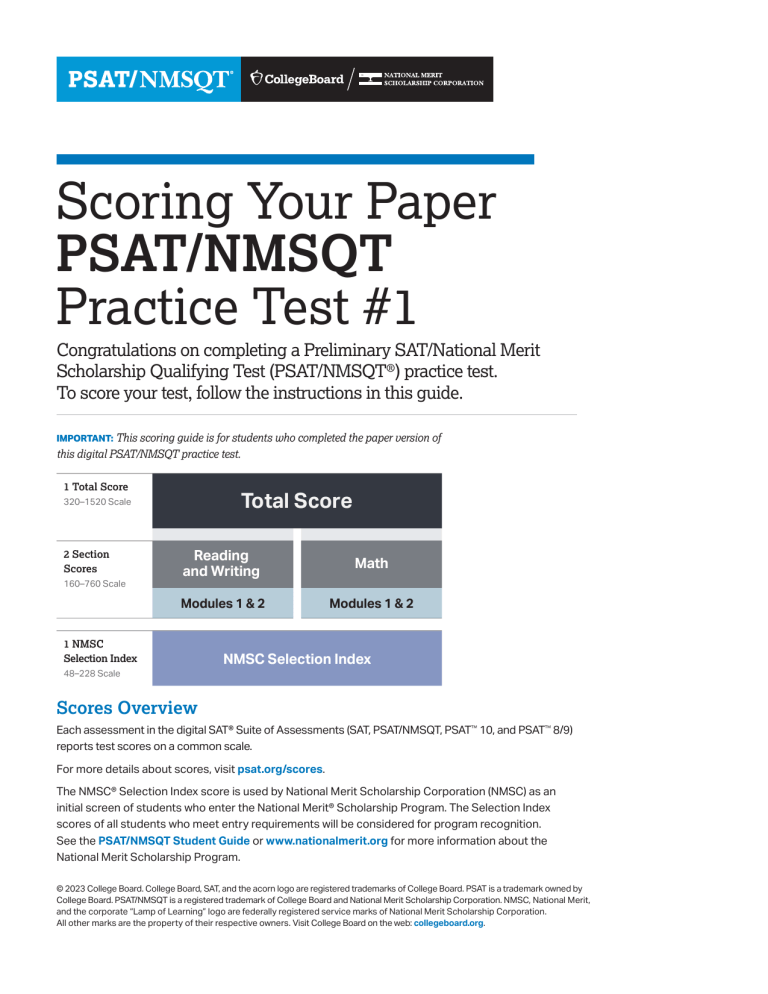 PSAT/NMSQT Practice Test #1 Scoring Guide