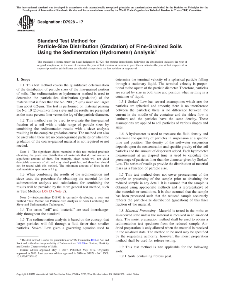 Soil Particle Size Analysis: Hydrometer Test Method D7928