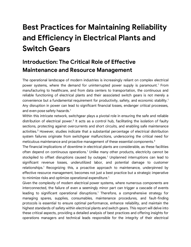 Electrical Plant Reliability: Spare Parts & Maintenance