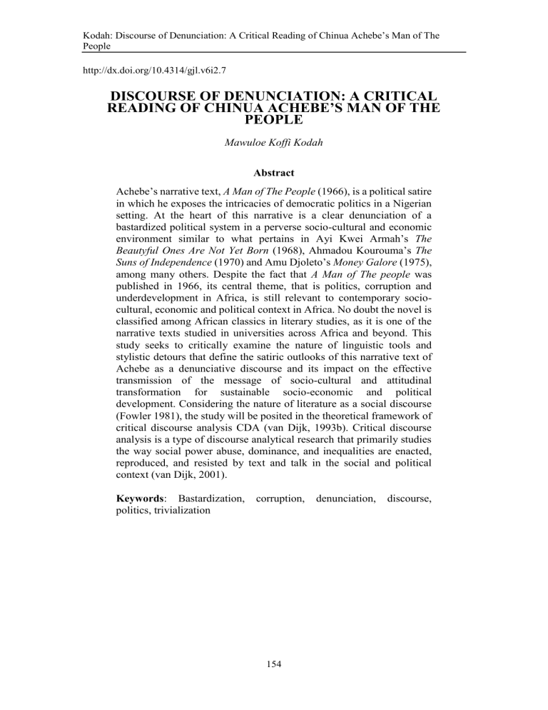 Achebe's 'Man of the People': Discourse of Denunciation