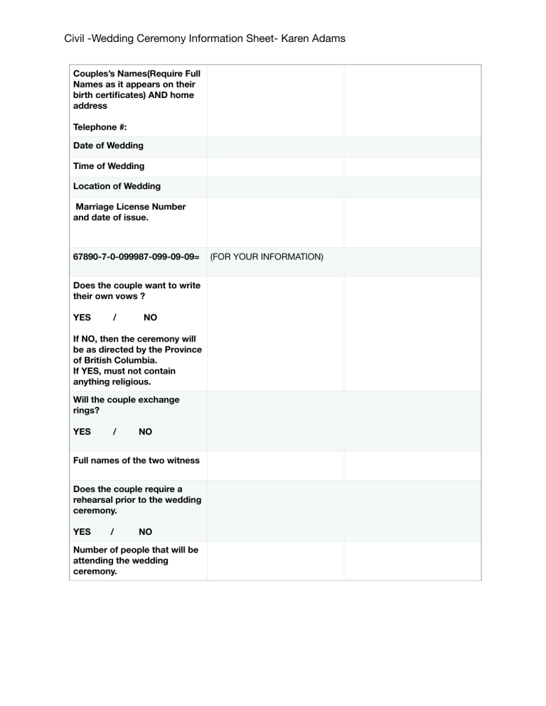 Civil Wedding Ceremony Information Sheet