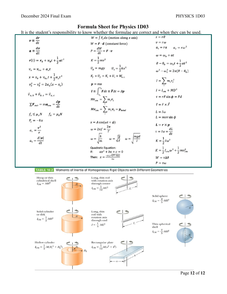 Physics 1D03 Formula Sheet - December 2024 Exam