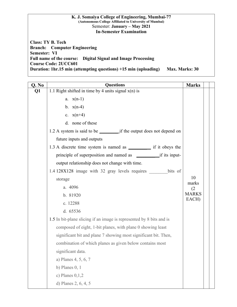 Digital Signal & Image Processing Exam - KJSCE