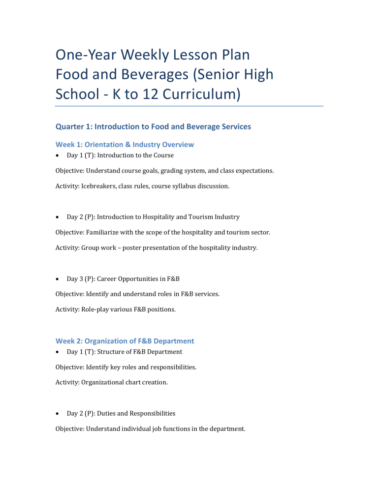 Food & Beverage Services Lesson Plan - Senior High School
