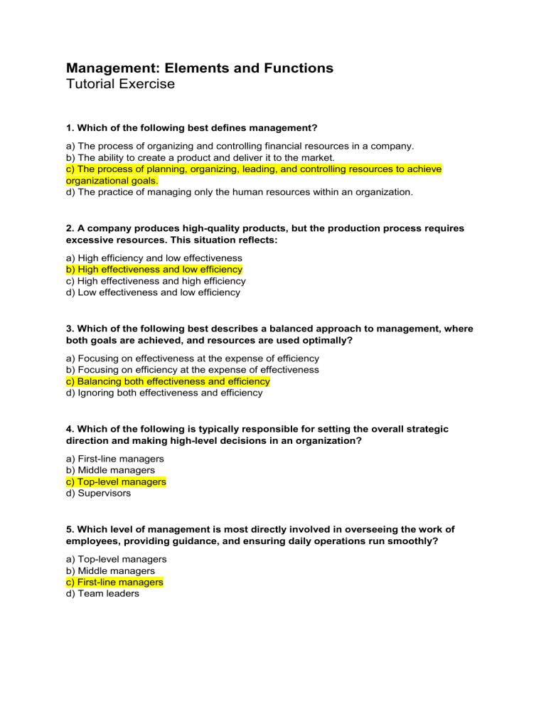 Management Elements & Functions Tutorial Exercise