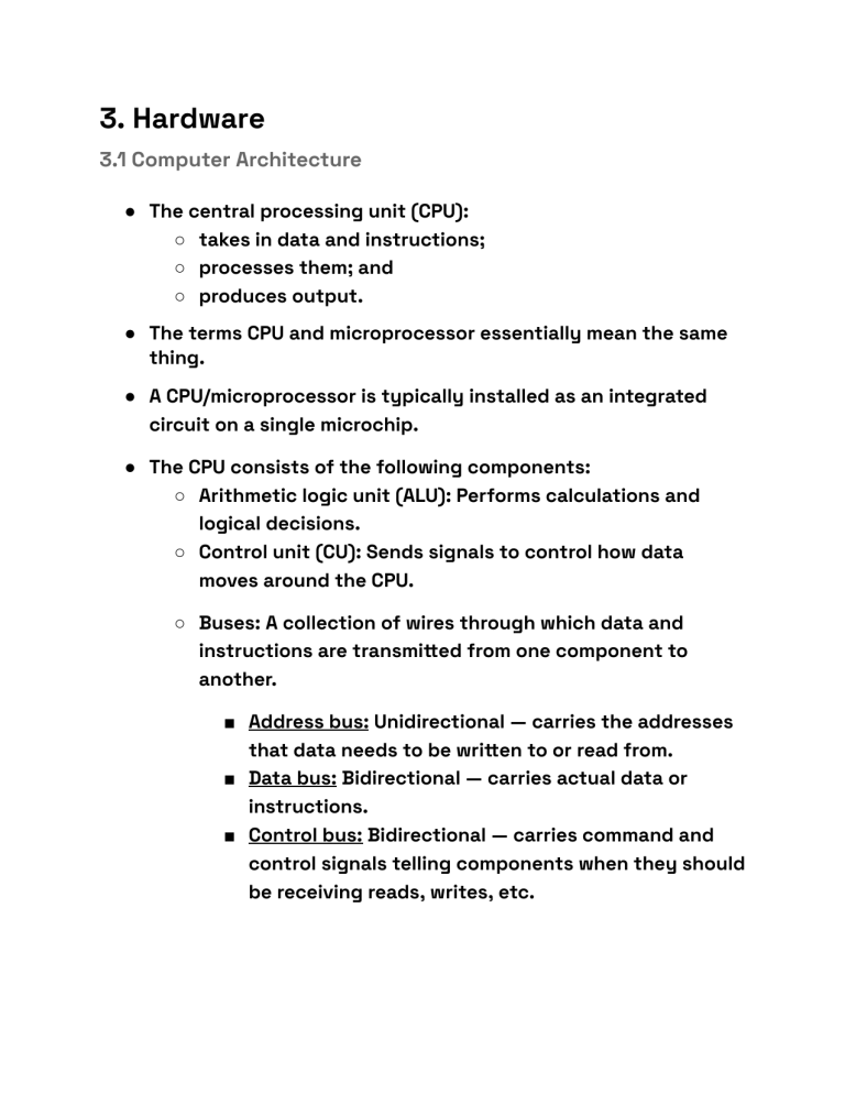 Computer Hardware: CPU Architecture, I/O, Data Storage