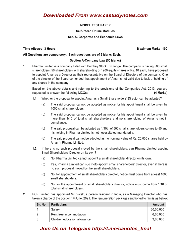 Corporate & Economic Laws Model Test Paper - Company Law MCQs