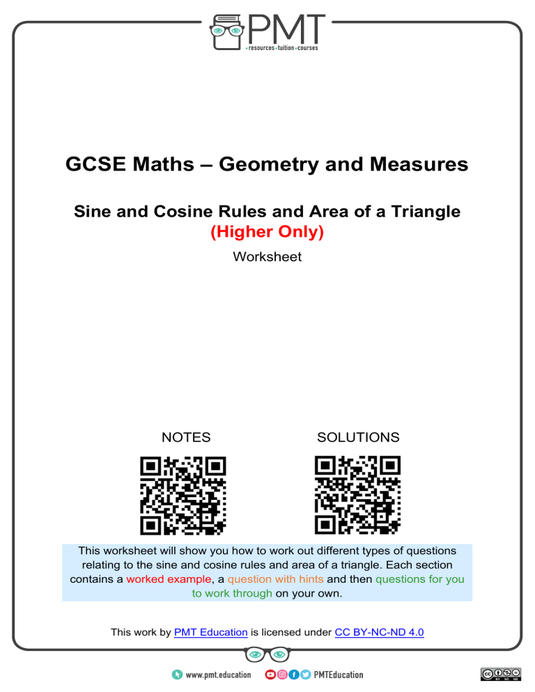 GCSE Maths Sine & Cosine Rules, Area of Triangle Worksheet (Higher)