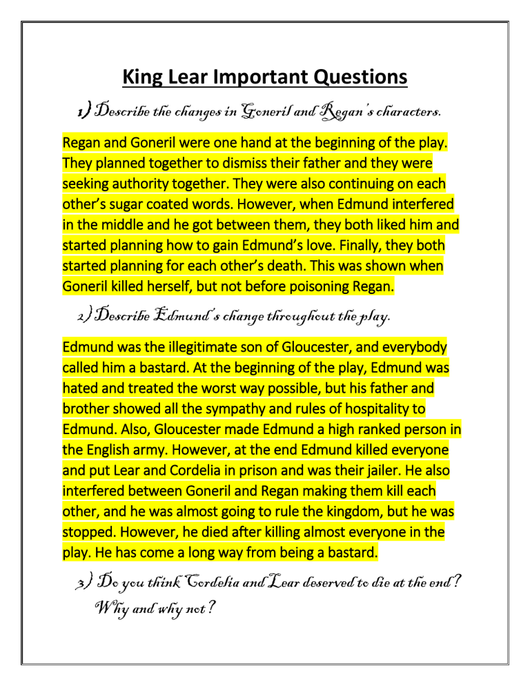 King Lear: Character Analysis & Themes Study Guide