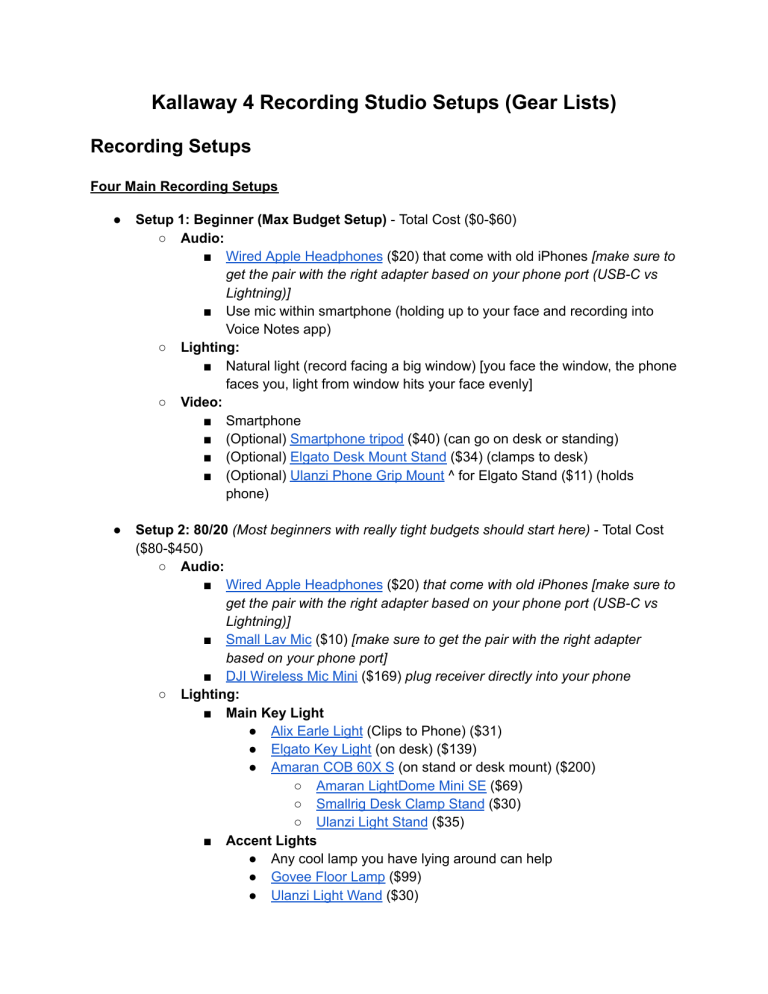 Recording Studio Gear Lists: Beginner to Pro Setups
