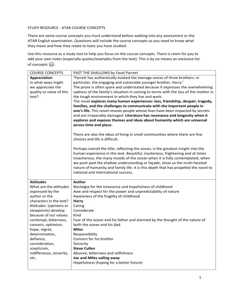 ATAR English Course Concepts: Past the Shallows Study Guide