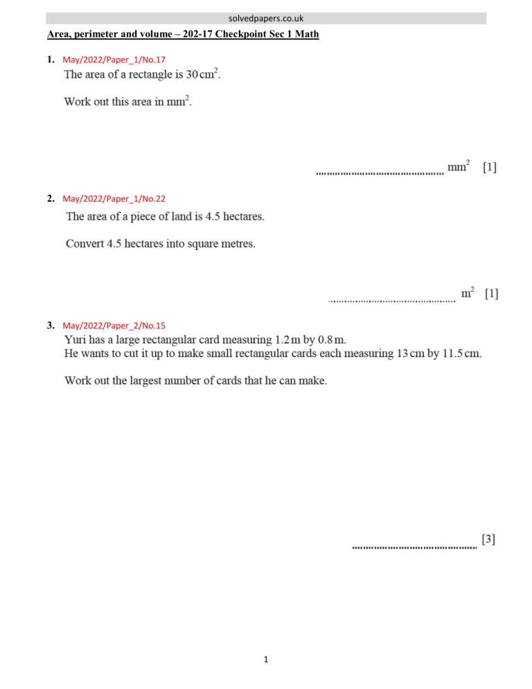Area, Perimeter, Volume Math Checkpoint Questions