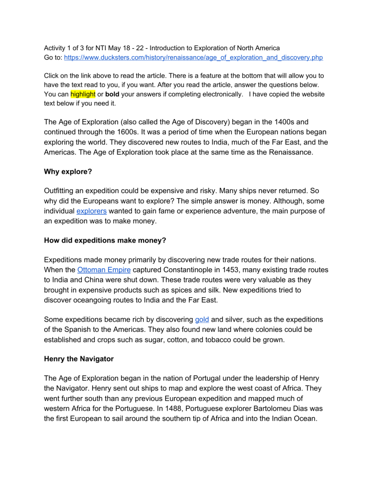 Age of Exploration Activity: North America - Ducksters