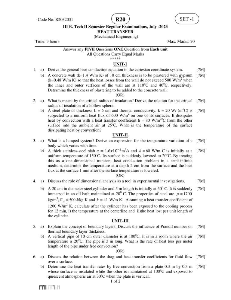 Heat Transfer Exam Paper - Mechanical Engineering