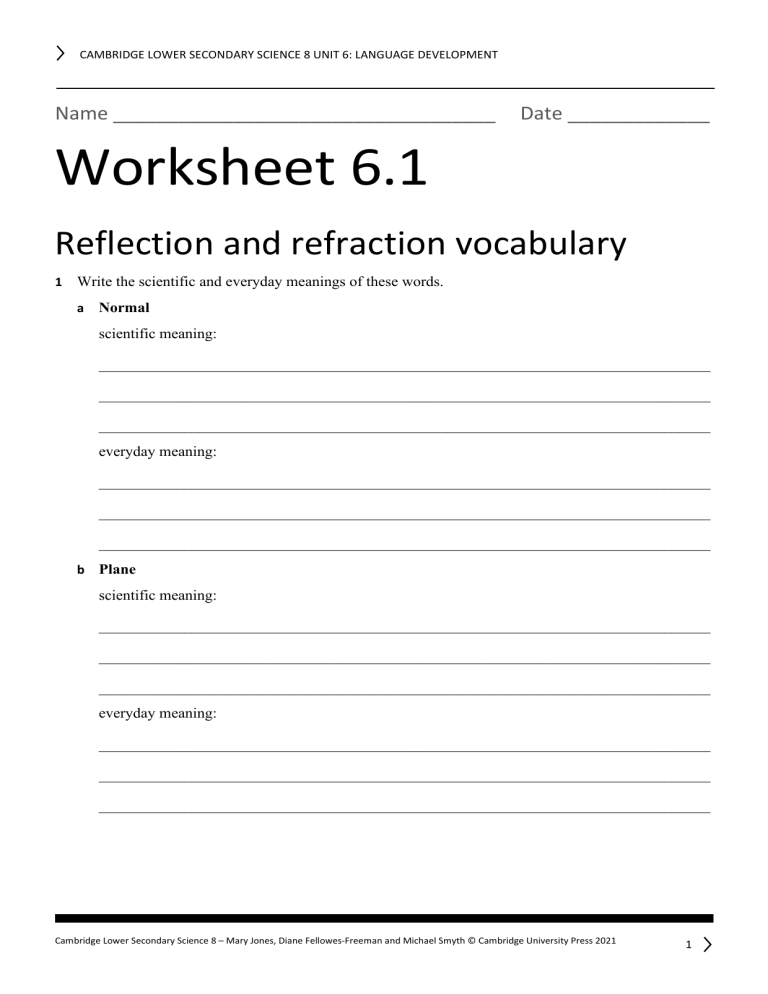 Reflection, Refraction & Light Worksheet - Middle School Science