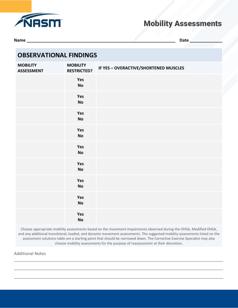 Mobility Assessment Form | Corrective Exercise
