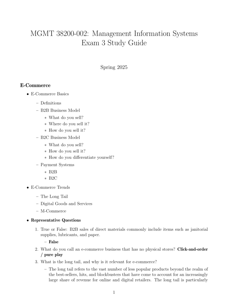 MGMT Information Systems Exam 3 Study Guide - Spring 2025