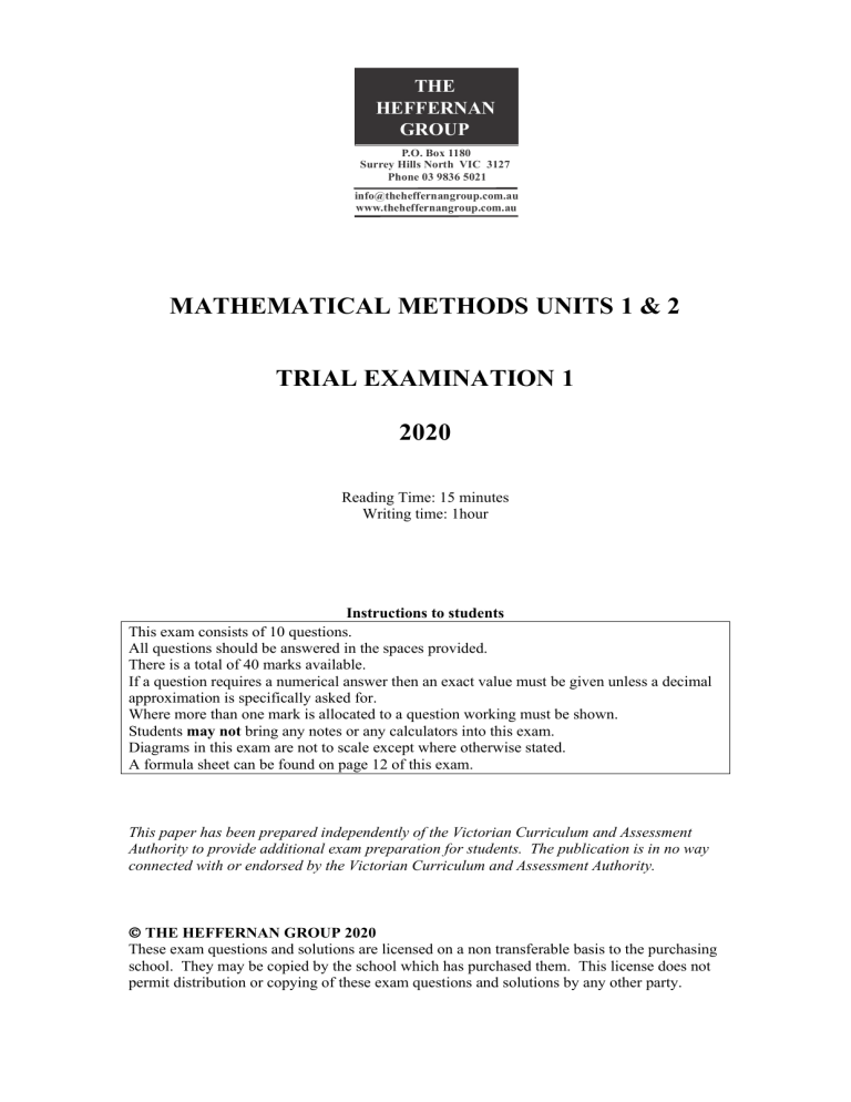 Mathematical Methods Units 1 & 2 Trial Exam