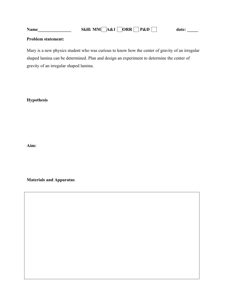 Center of Gravity Experiment Worksheet