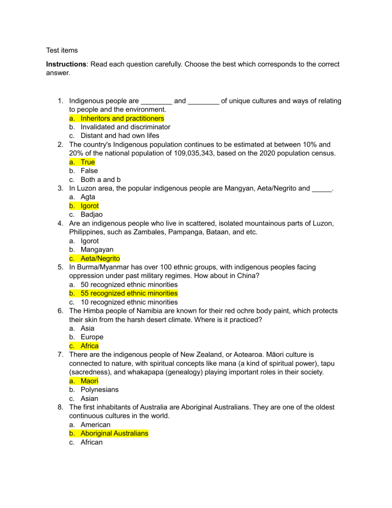 Indigenous Peoples Test Items