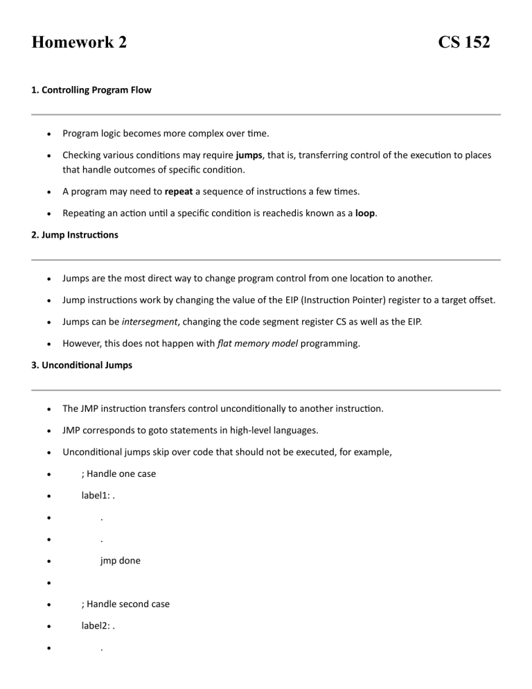 Assembly Language Jumps: Homework 2 - CS 152