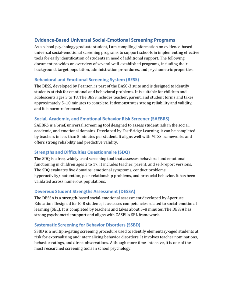 Social-Emotional Screening Programs: Evidence-Based Overview