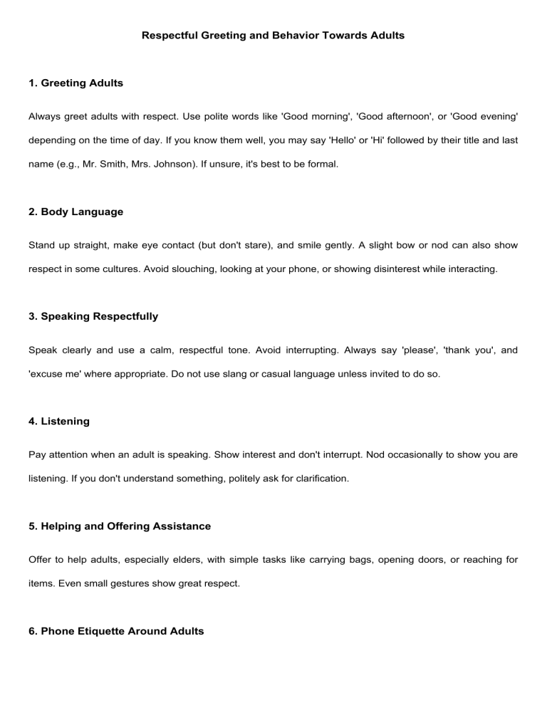 Respectful Greetings & Behavior Towards Adults Guide