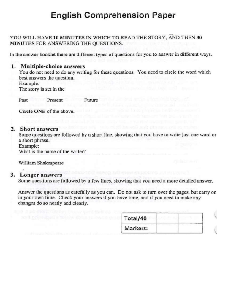 English Comprehension Paper - Reading Skills Assessment
