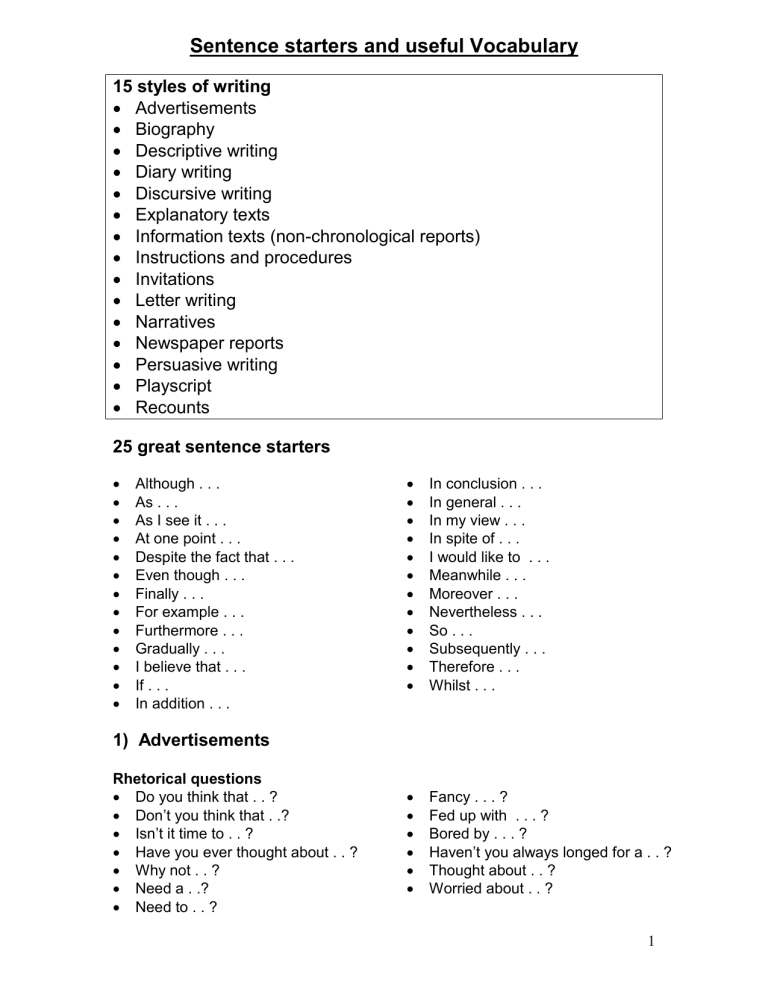 Sentence Starters & Vocabulary for Writing Styles