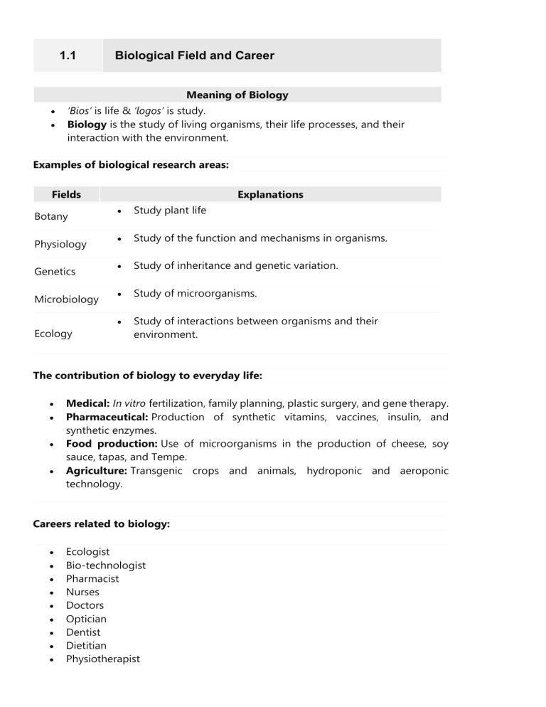 Biology Basics: Fields, Safety, Cells, & Life Processes